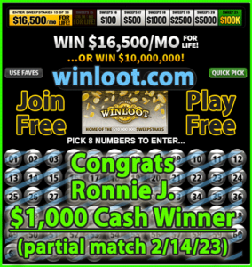 $1,000 Game 15 Winner Ronnie J. ~ February 14, 2023 – Winloot Winners